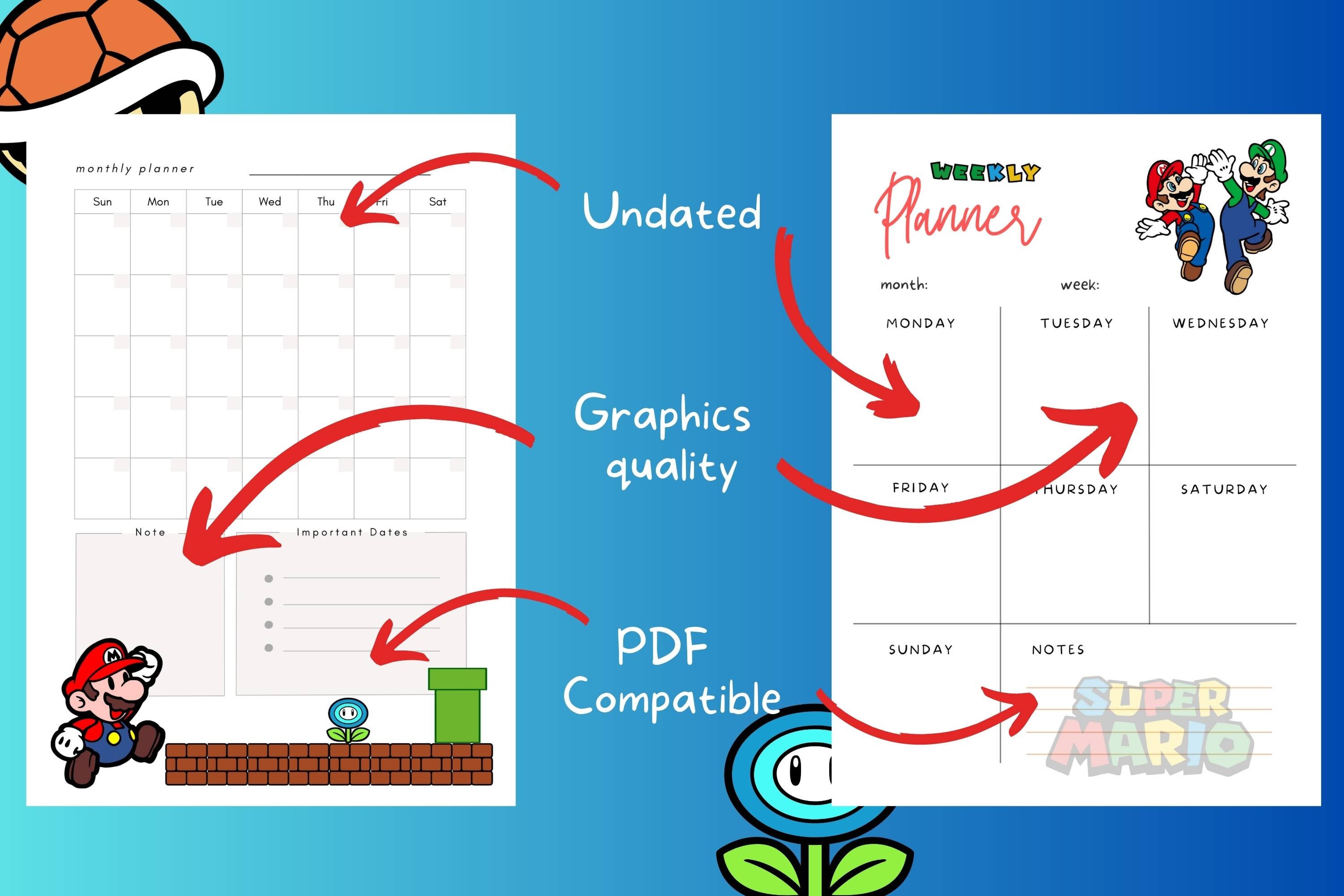 Mario Bros Calendar Planner blank/undated, Printable Desktop, Wall ...