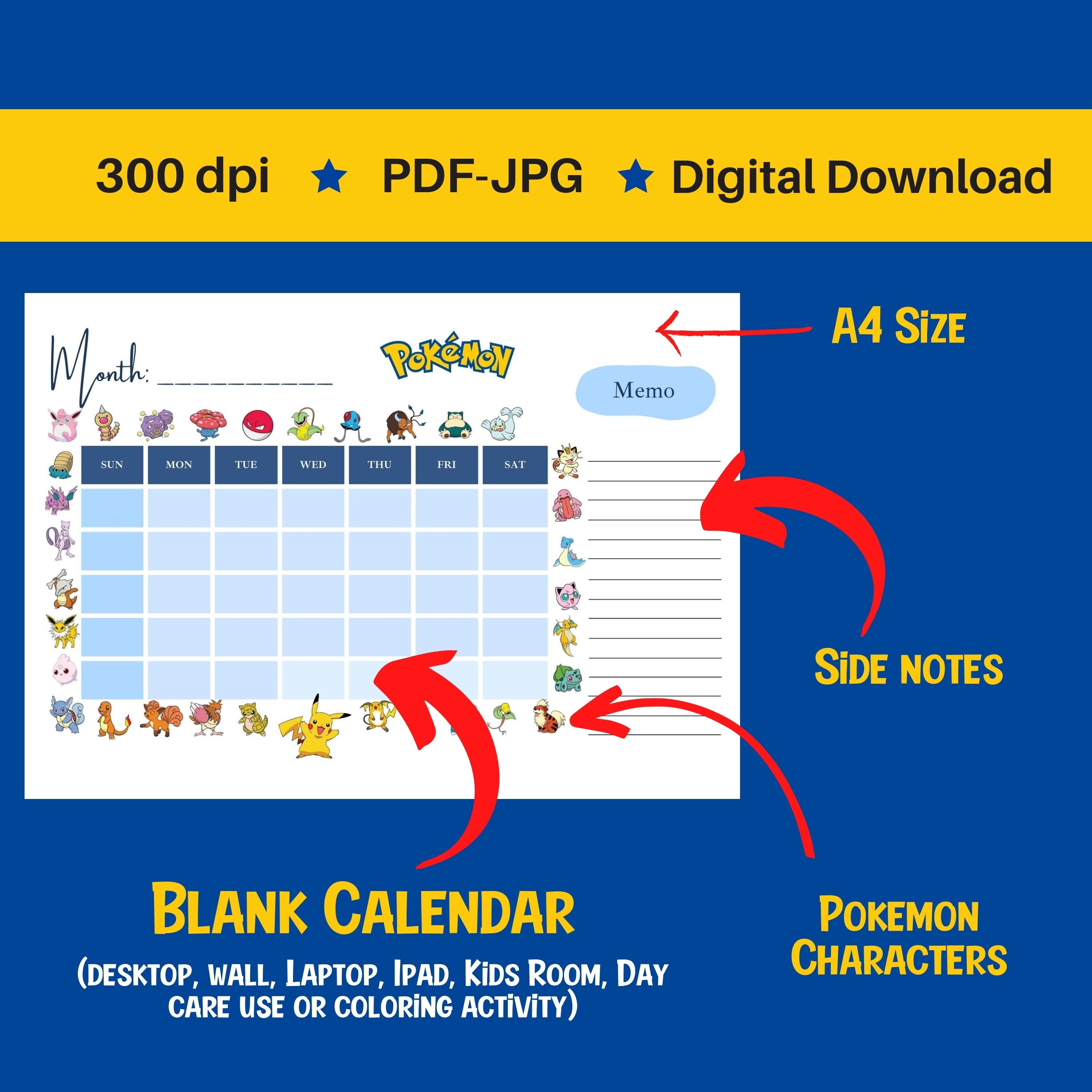 Pokemon Blank Printable Calendar Planner 5 Design, Kids Activity ...