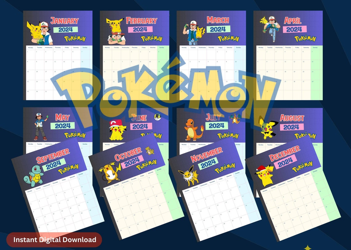 Pokémon 2024 Printable Monthly Calendar PDF Format, Pikachu Desktop ...