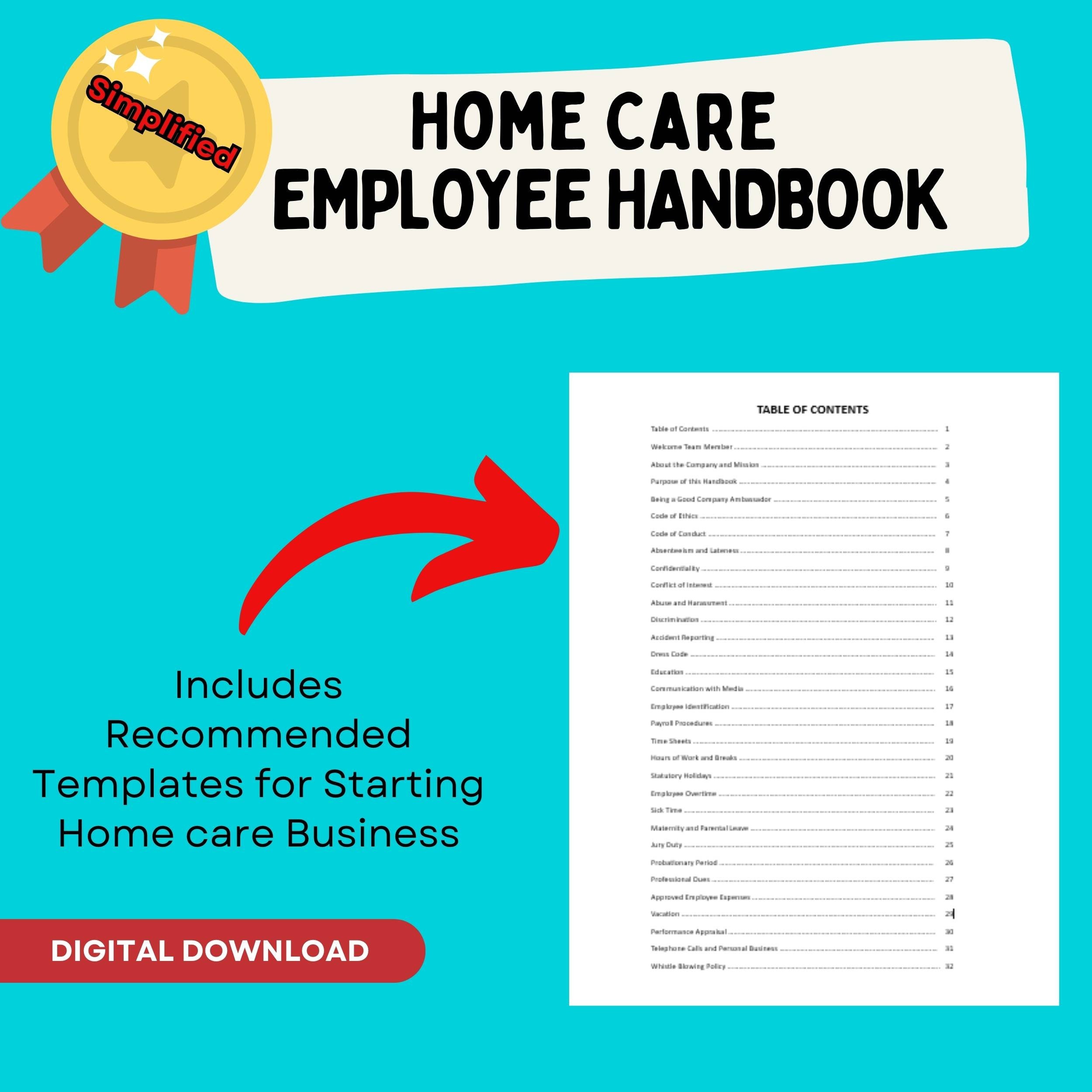 Home Care Employee Simplified Handbook, Editable Word Templates, Staff ...