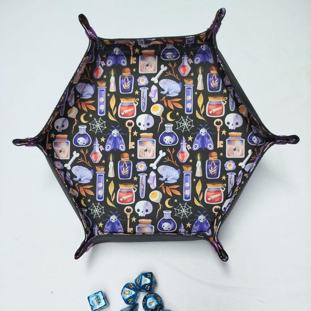 Hexagonal Dice Tray in Black Faux Leather and Cotton With "wizards ...
