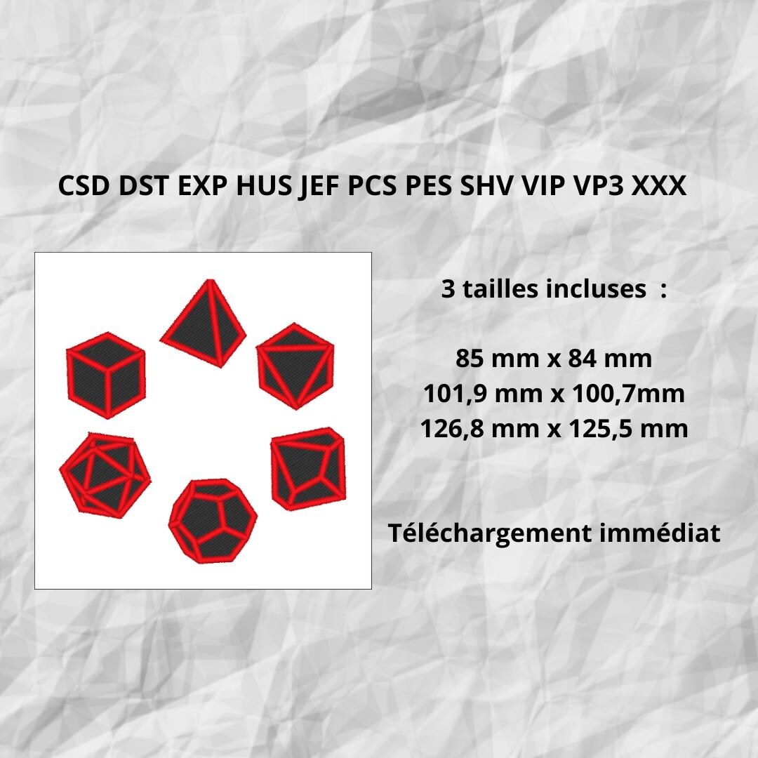 Embroidery File of 6 Dice Shapes (D4, D6, D8, D10, D12 and D20 ...