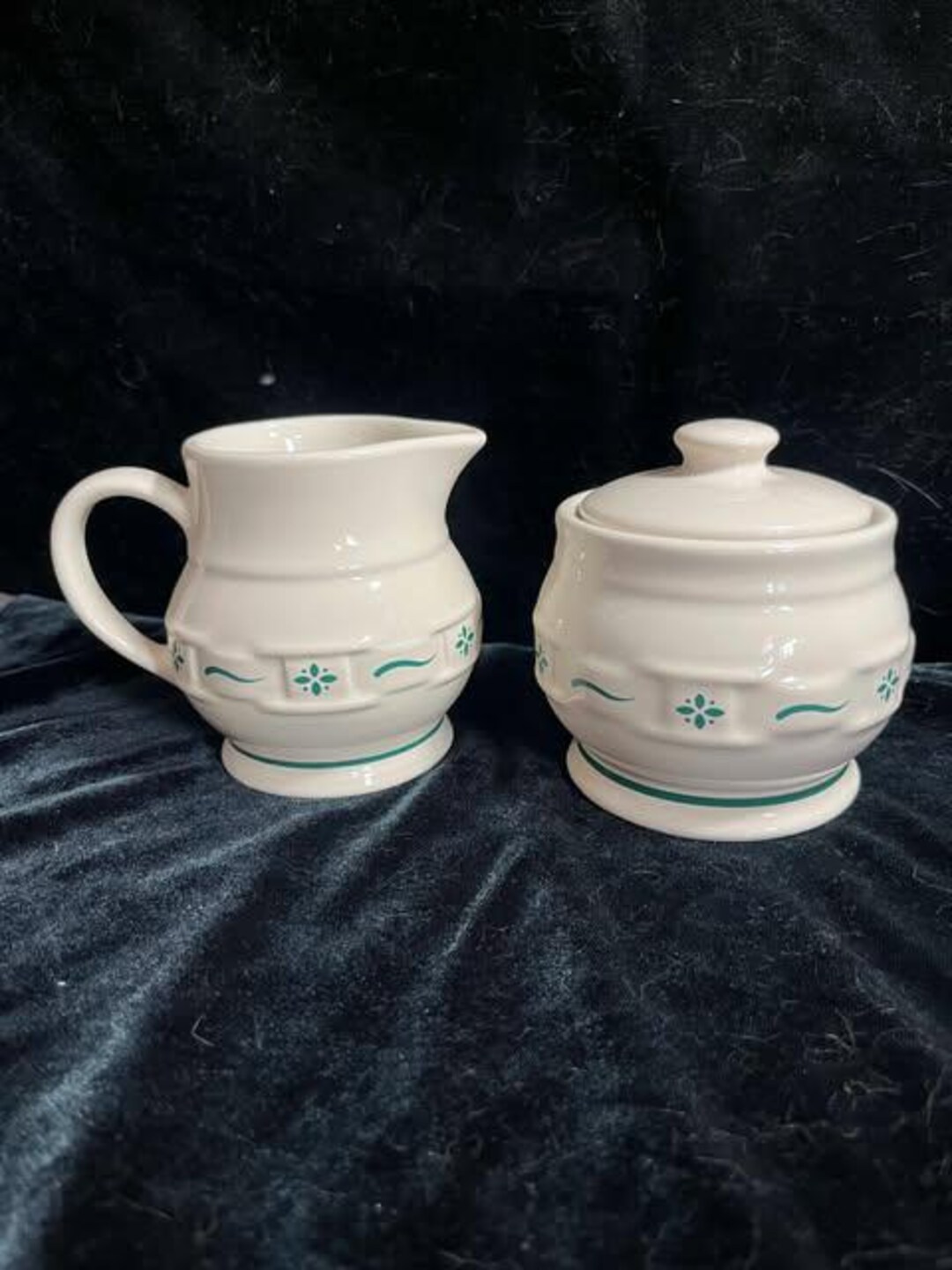 Longaberger Pottery Traditional Green Woven Traditions Cream and Sugar ...