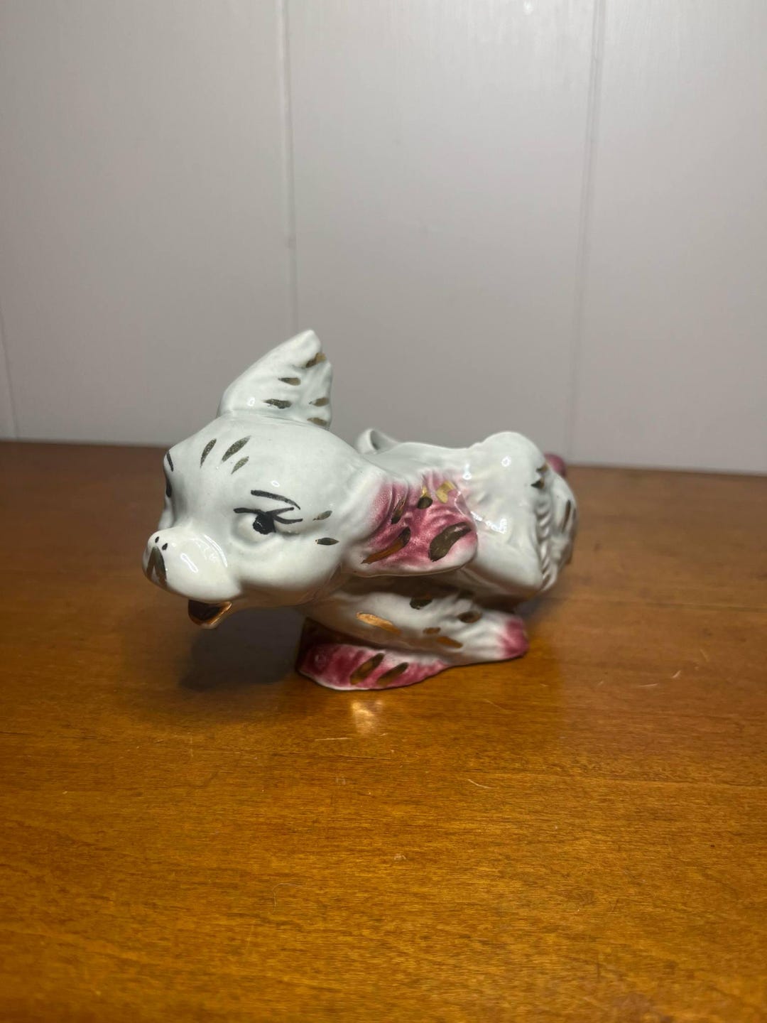Vintage MCM Running Puppy Dog Planter - White,pink and Gold Flower Pot ...