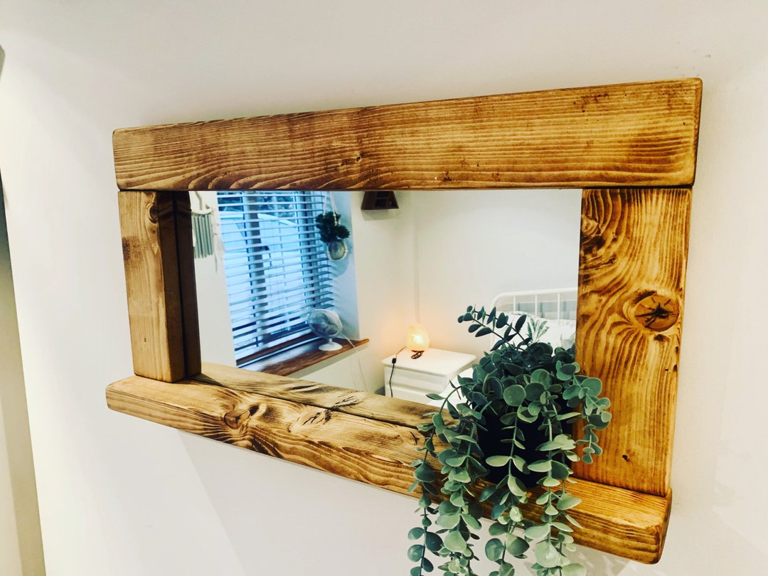 English Oak Rustic Handmade Wooden Mirror With Shelf Rustic - Etsy