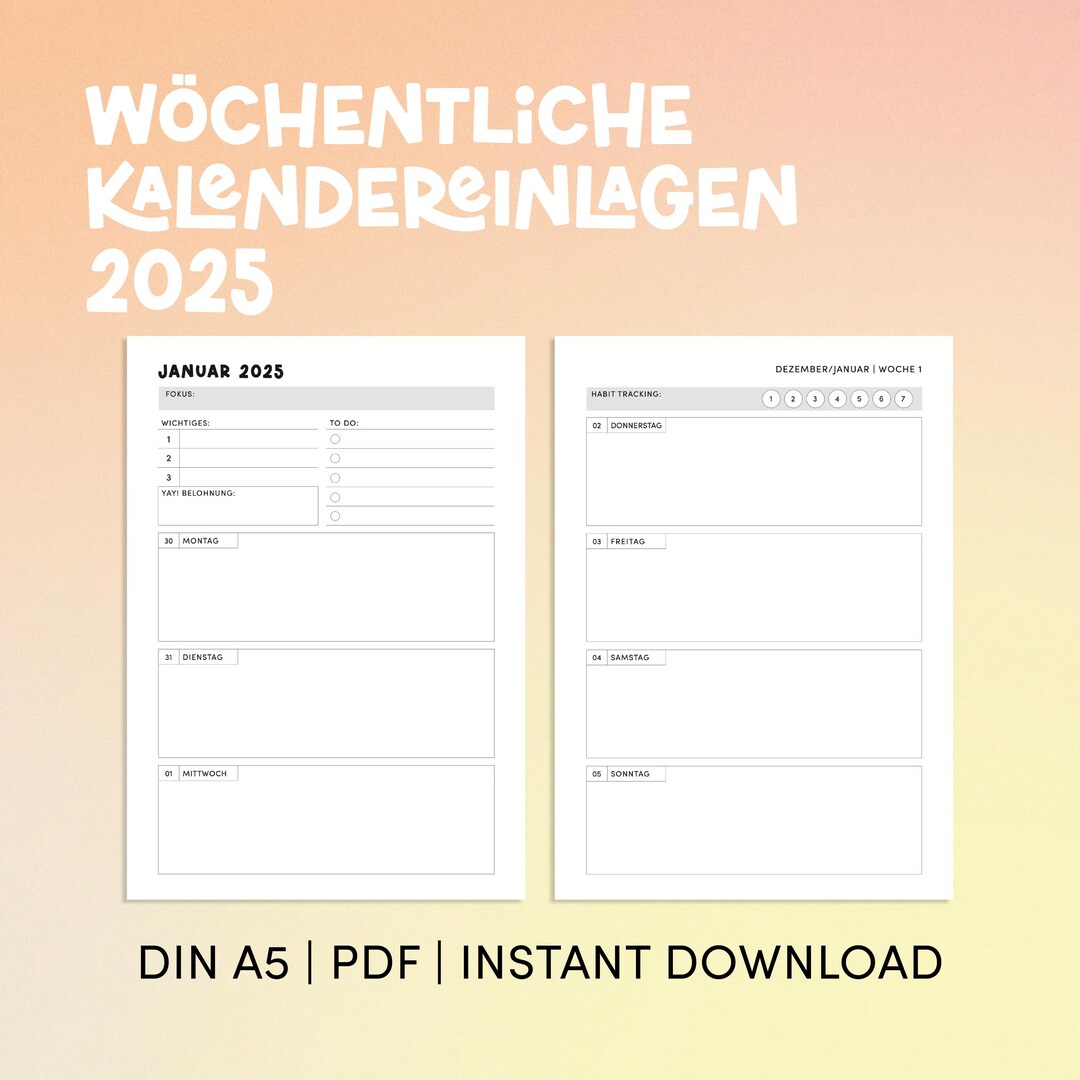Weekly Planner 2025 in German A5 Printable Inserts One Week per Double ...
