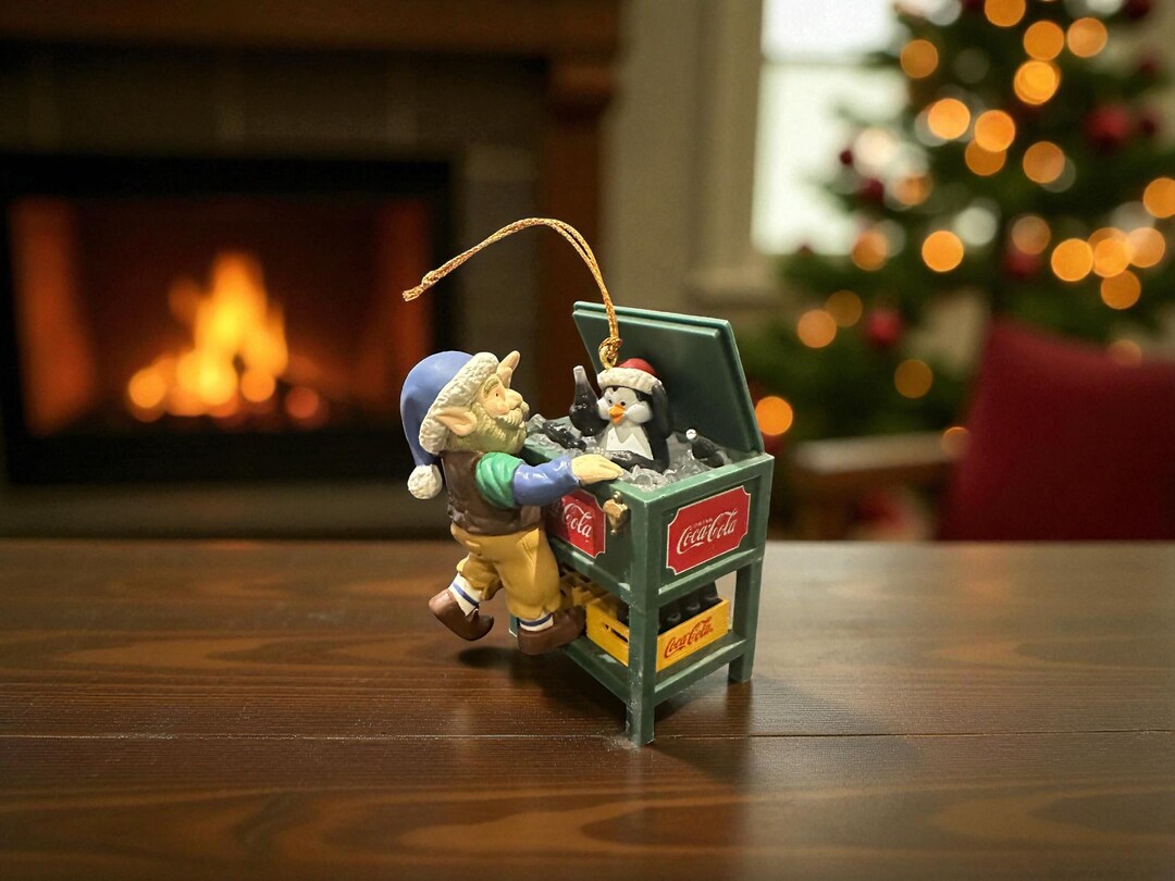 Vintage Coca-cola Elf & Penguin Ornament – Christmas Coke Cooler Scene ...