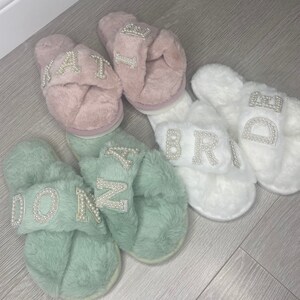 Personalised Slippers - Diamonte Pearl Initials Fluffy Slippers Sage ...