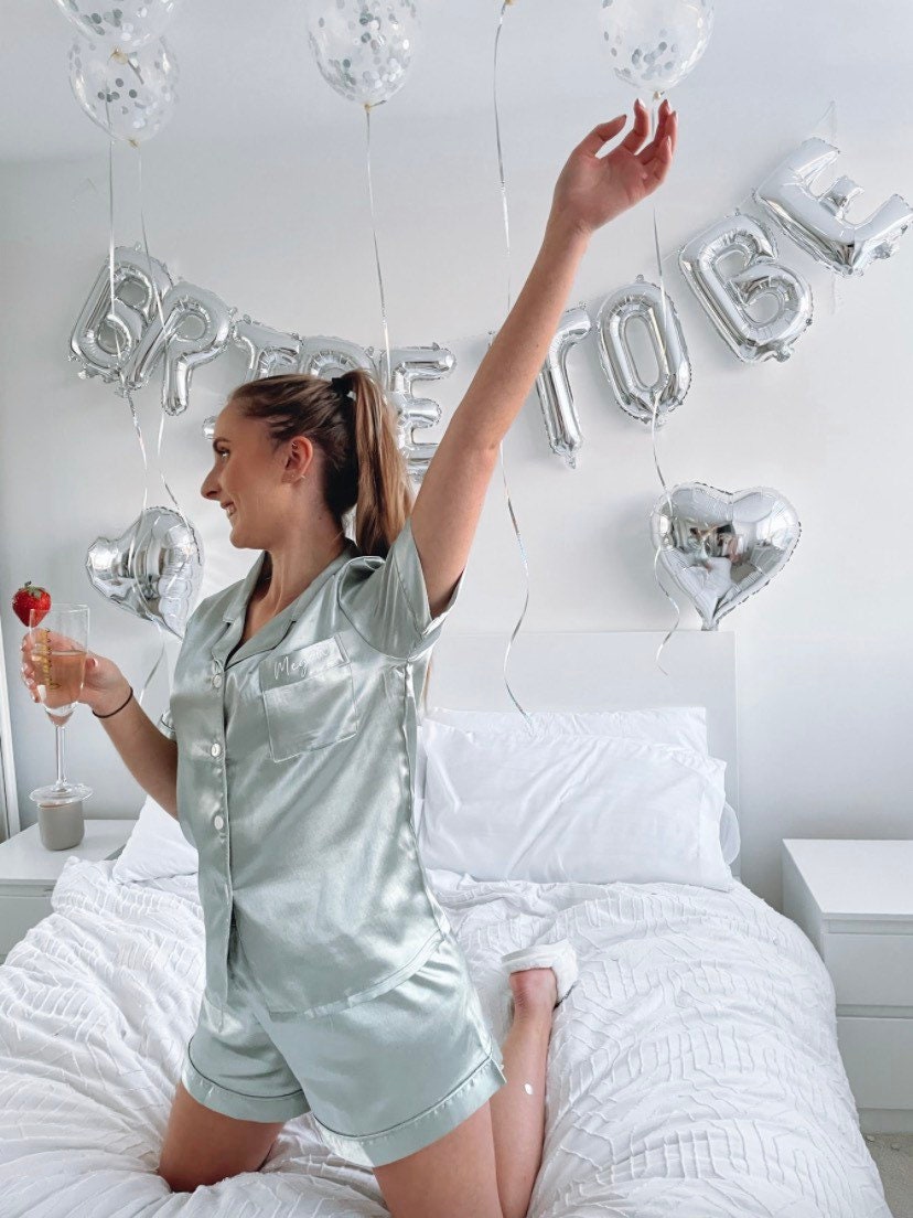 Personalised Sage Green Satin Pyjamas Bridesmaids Personalised Pjs ...