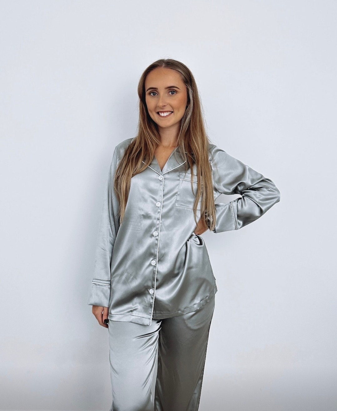 Personalised Grey Pyjamas Long Satin Pyjamas Personalised Pjs Satin ...