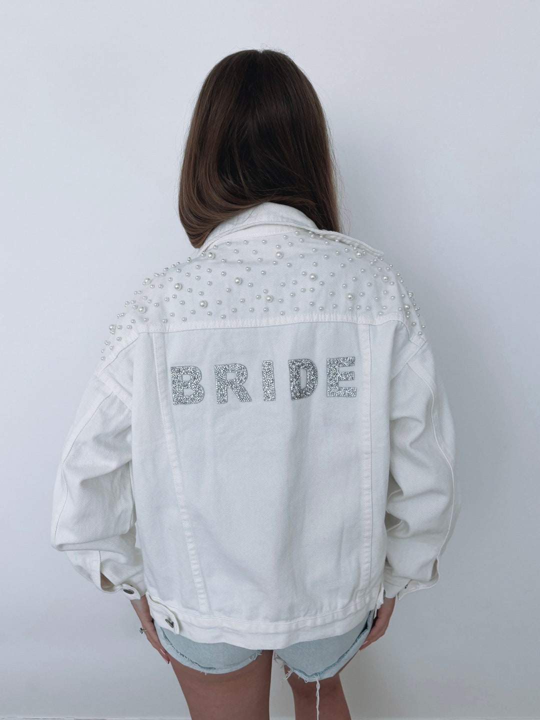 Personalised Bride White Pearl Denim Jacket Embellished Jean Jacket ...