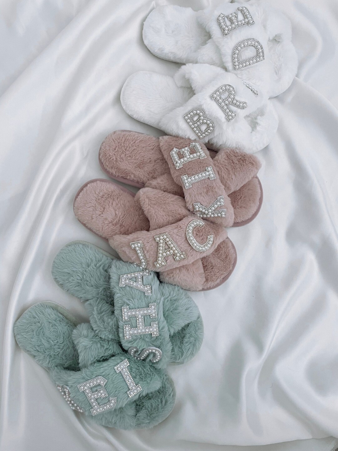 Personalised Slippers - Diamonte Pearl Initials Fluffy Slippers Sage ...