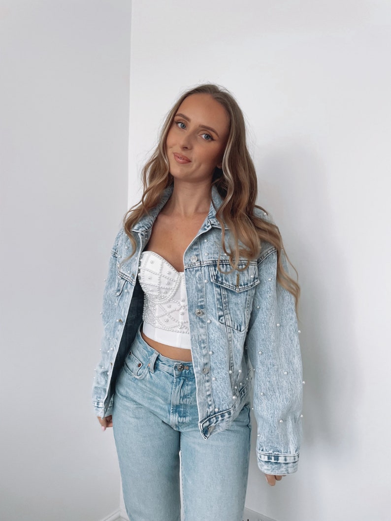 Personalised Bride Pearl Denim Jacket Embellished Jean Jacket Coat ...