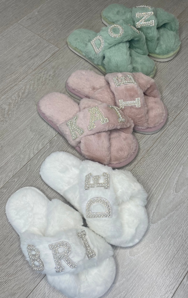 Personalised Slippers - Diamonte Pearl Initials Fluffy Slippers Sage ...
