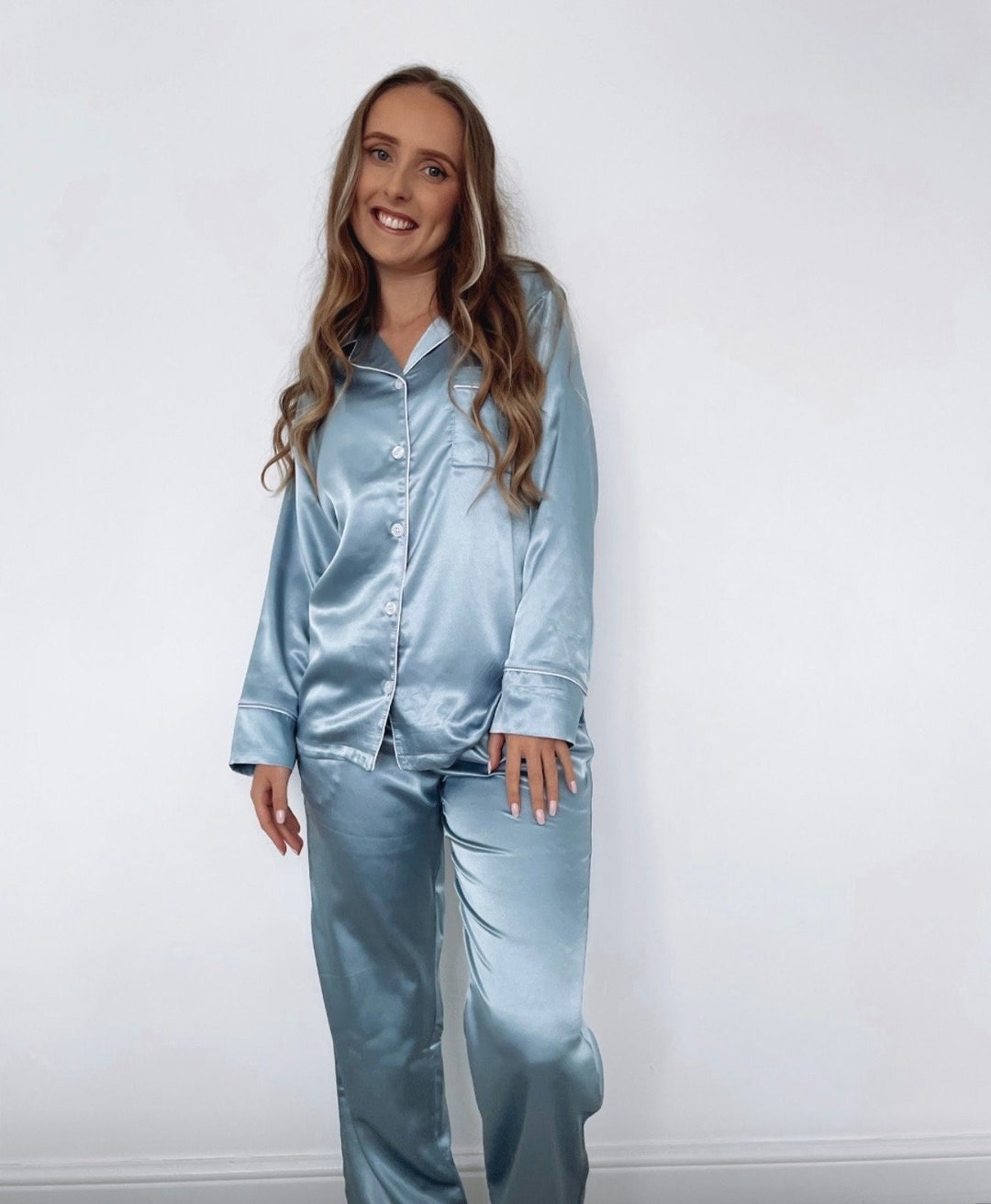 Personalised Dusty Blue Pyjamas Long Satin Pyjamas Personalised Pjs ...