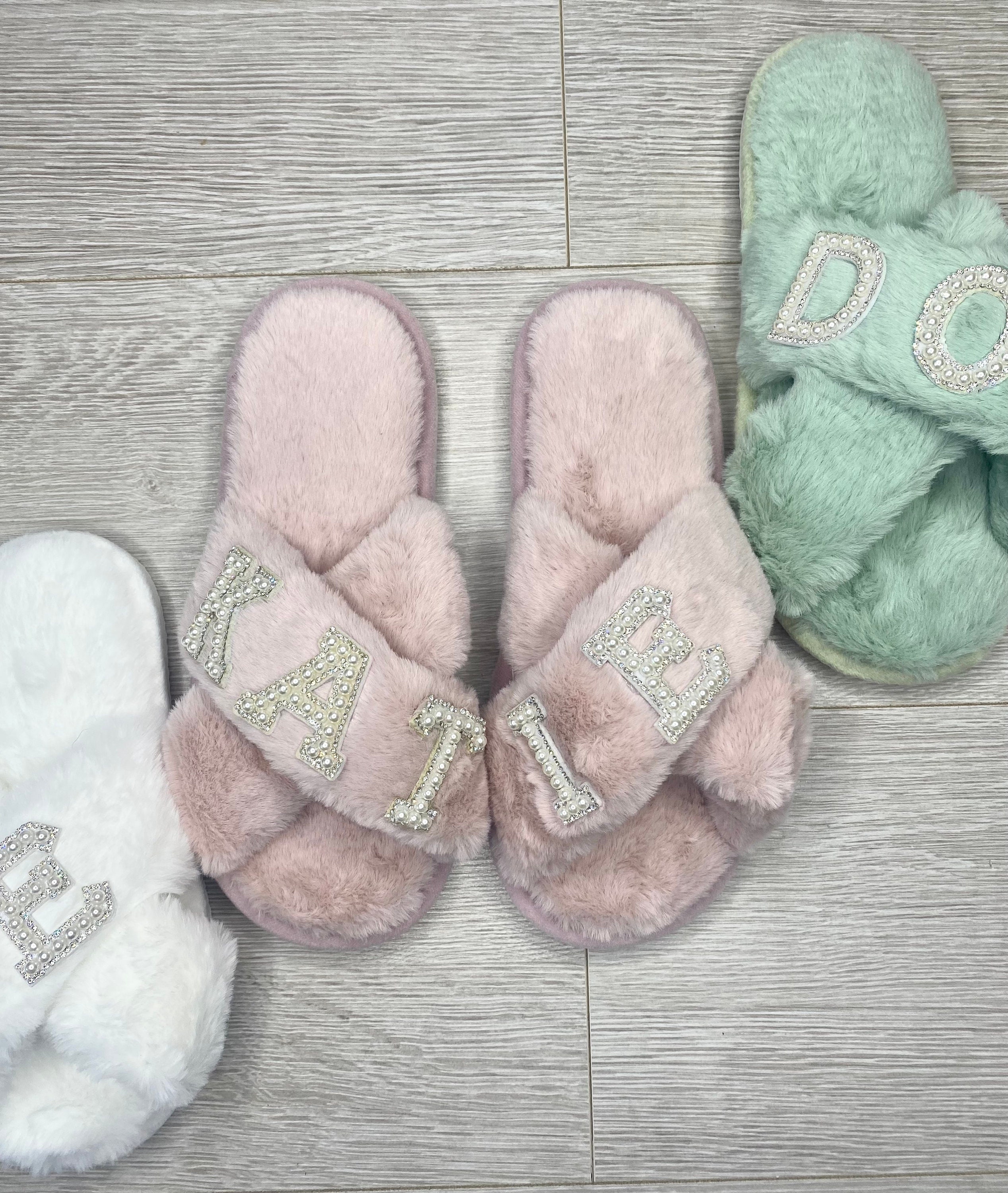 Personalised Slippers Diamonte Pearl Initials Fluffy - Etsy UK