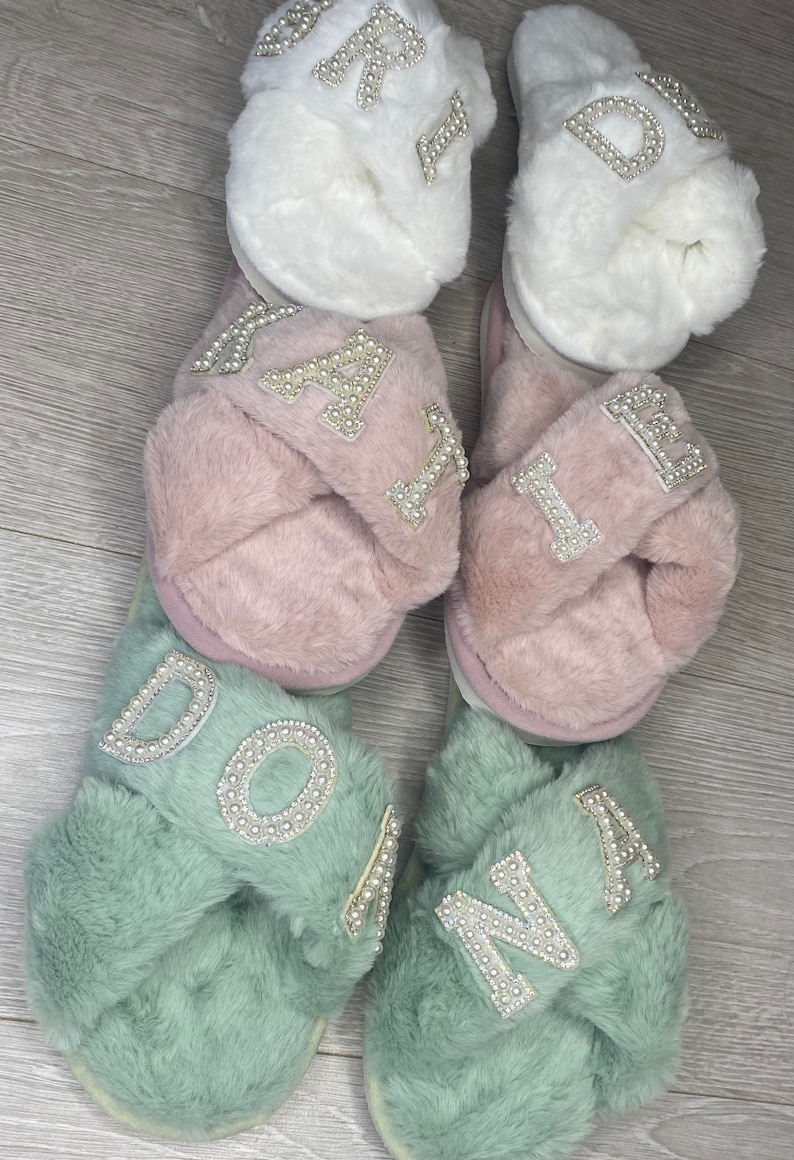 Personalised Slippers - Diamonte Pearl Initials Fluffy Slippers Sage ...