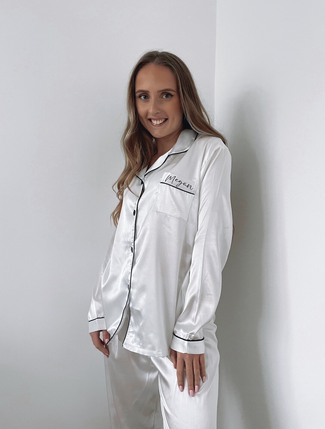 Personalised Satin Pyjamas White Satin Black Pjs Nightwear Stripe Robe ...