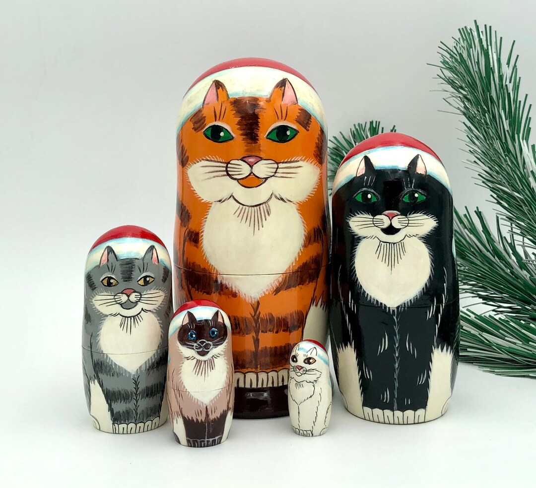 Cats Wearing Christmas Hats Nesting Dolls, Christmas Style Stacking ...