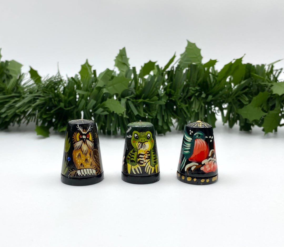 Collectible Wooden Hand Painted Thimbles, Set With 3 Thimbles, Handmade ...