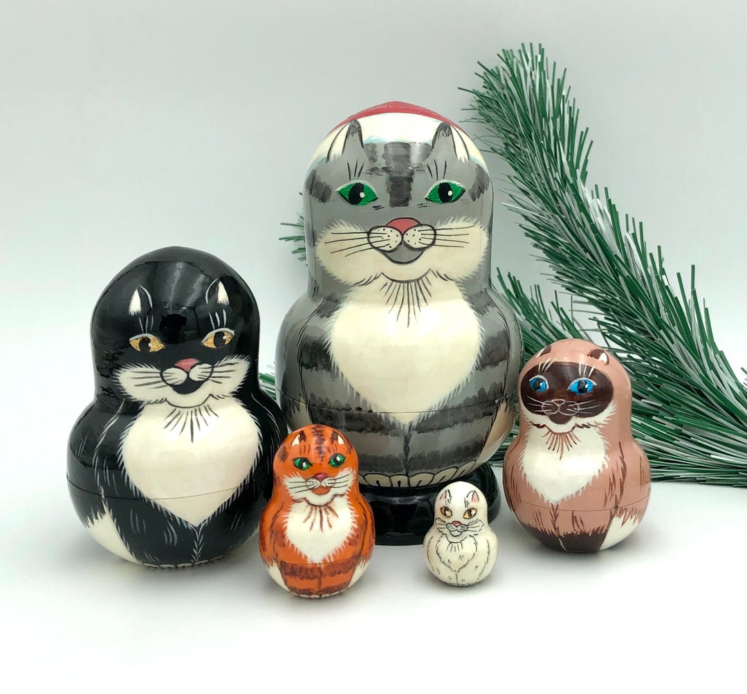 Cats Wearing Christmas Hats Nesting Dolls, 5,5 14cm Height, Christmas ...
