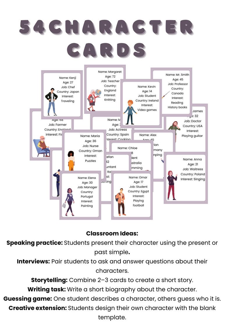 54 Character Cards for ESL Speaking and Writing | Present Simple & Past ...