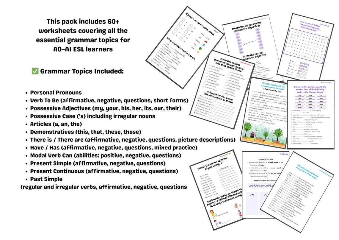 Beginner ESL Grammar Pack | Worksheets for A0–A1 Newcomer Students L ...