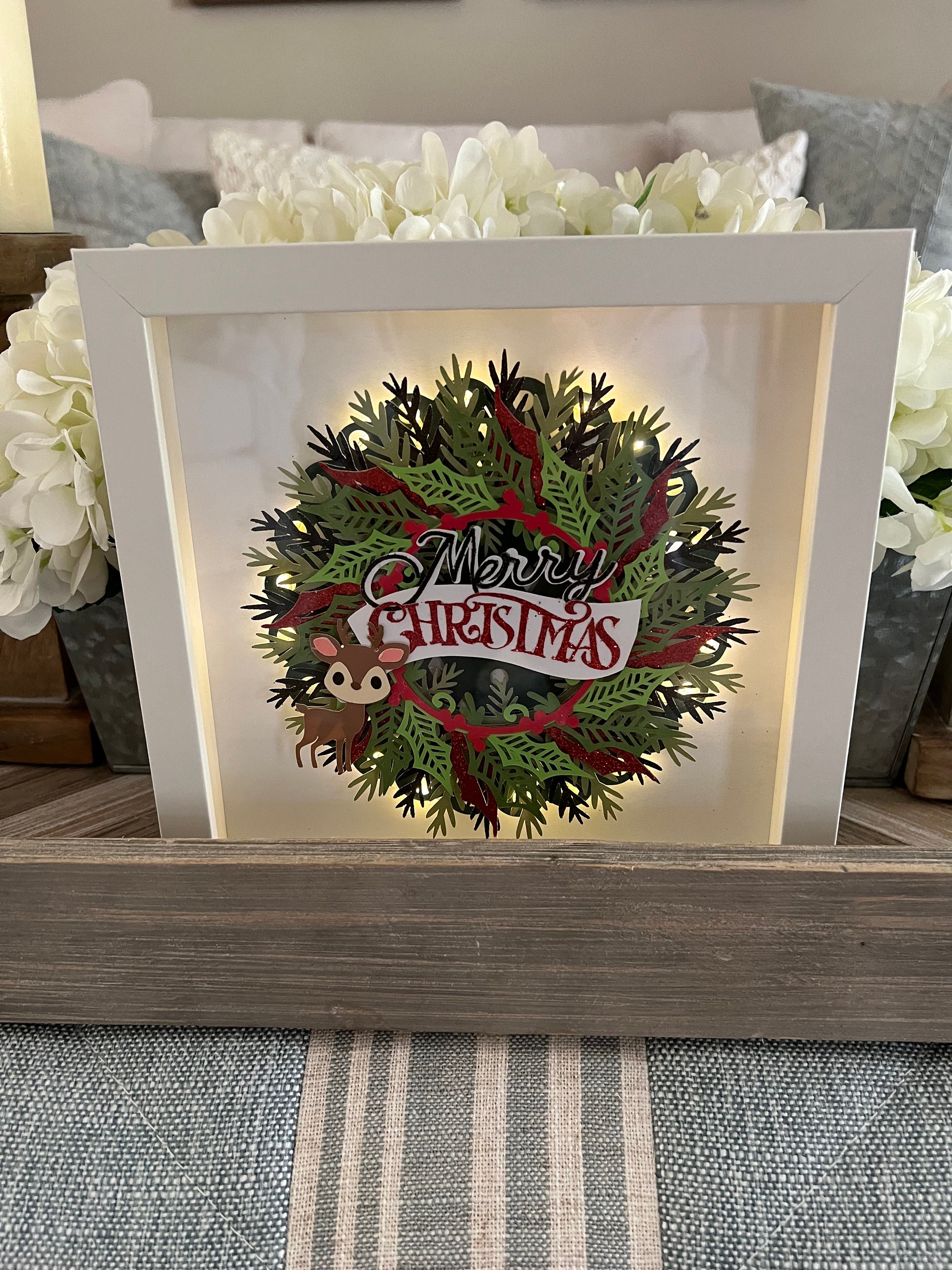 LIGHTED Woodland Wreath SHADOW BOX, Lighted Christmas Wreath, Light Box ...