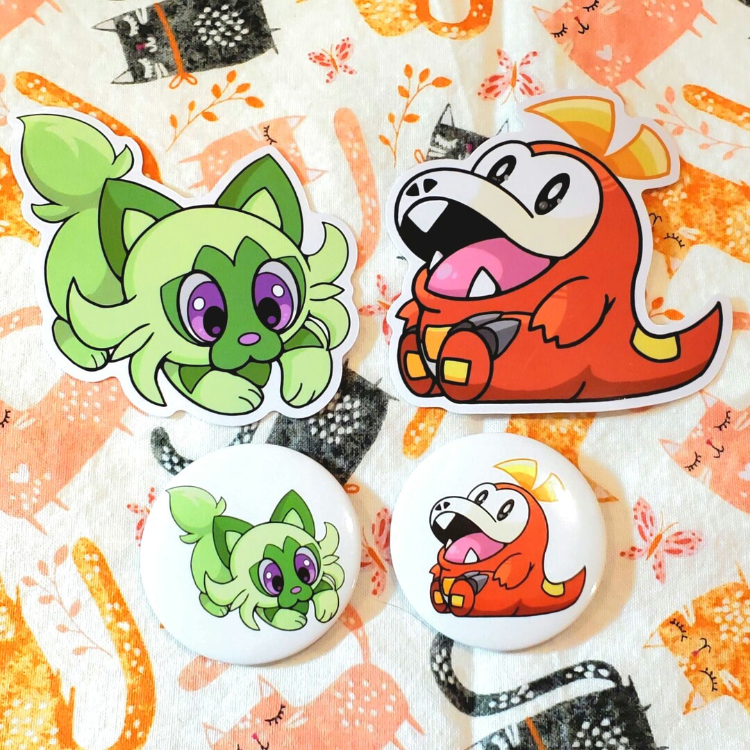 Grass Cat and Fire Dino 3" Vinyl Sticker/44mm Pinback Buttons - Etsy