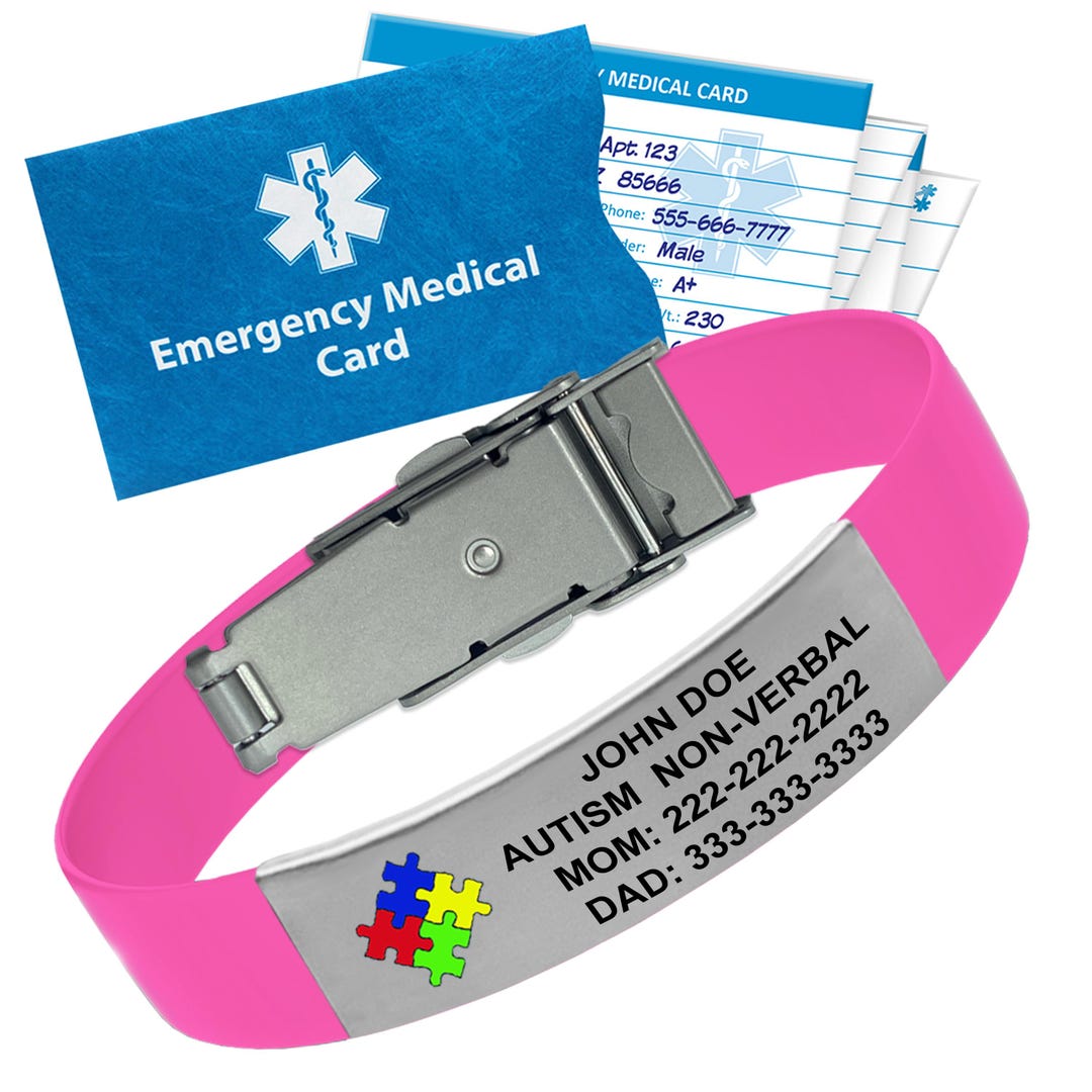 Custom Pink Autism Bracelet With Emergency Card – Personalized Medical ...