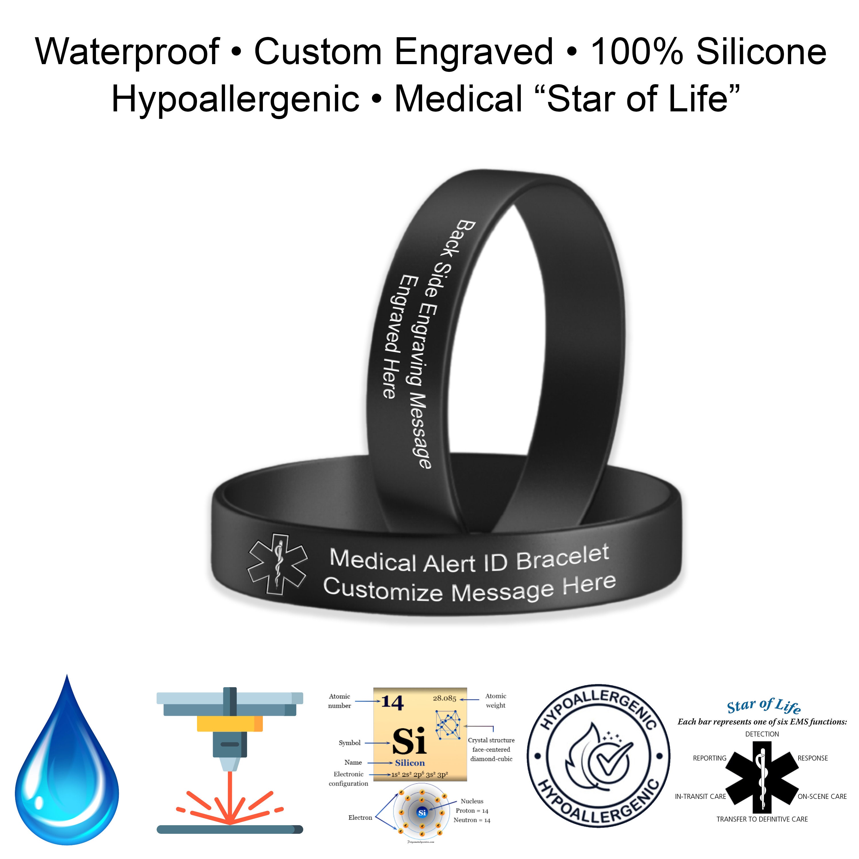 Custom Engraved Silicone Medical Alert Bracelet - Waterproof ID ...