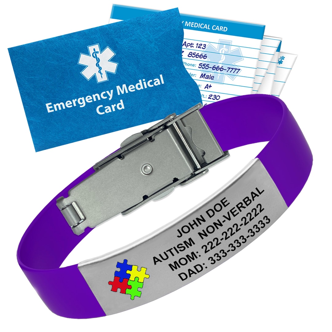 Purple Autism ID Bracelet – Custom Engraving, Emergency Medical Card ...