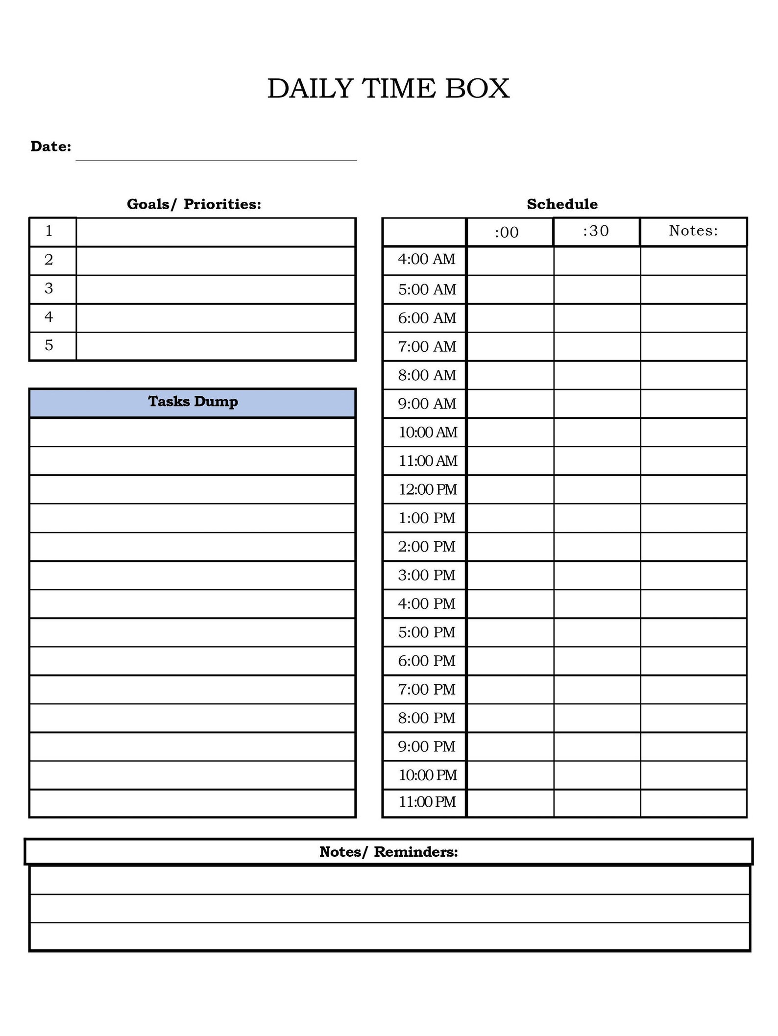 Daily Time Box Template - Etsy