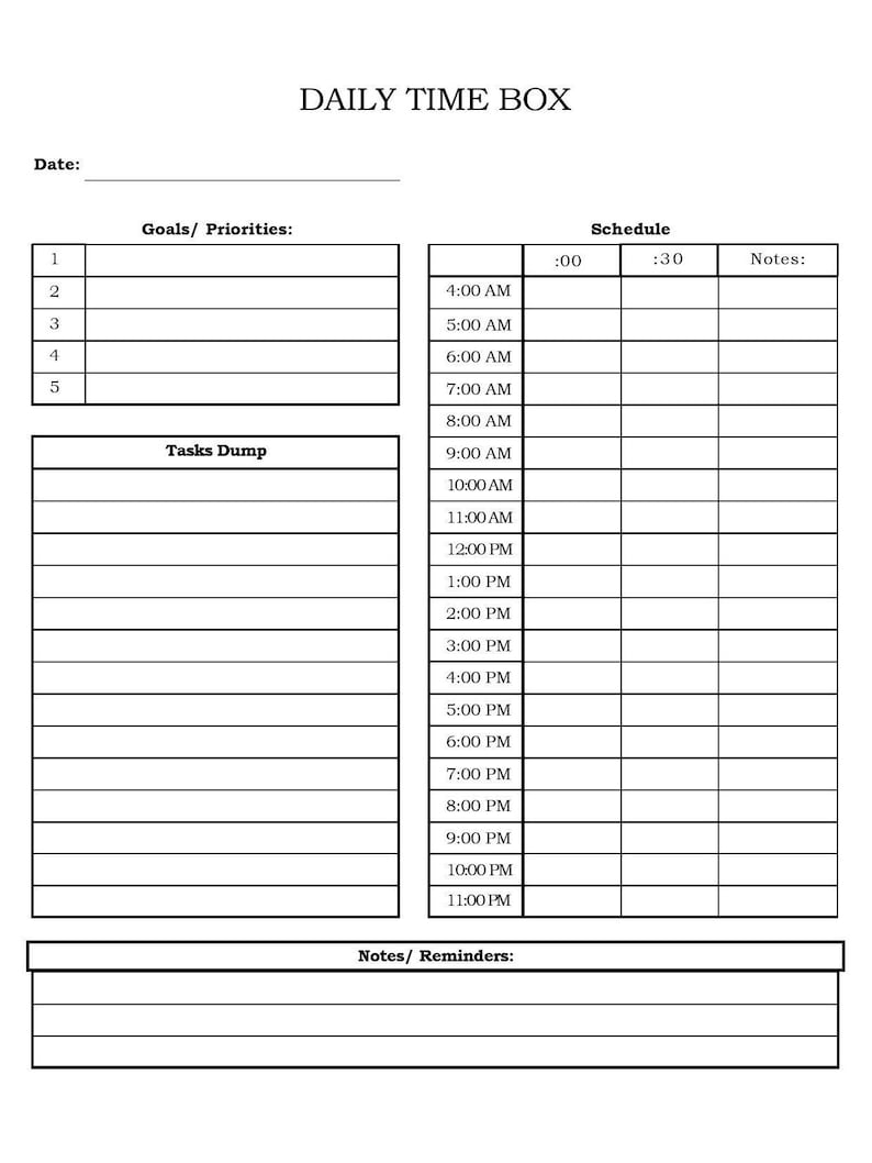 Daily Time Box Template - Etsy Canada
