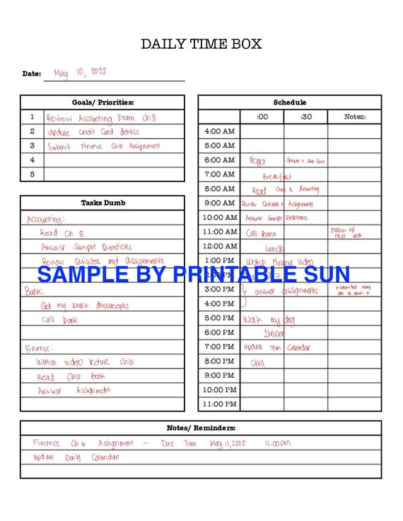 Daily Time Box Template - Etsy UK