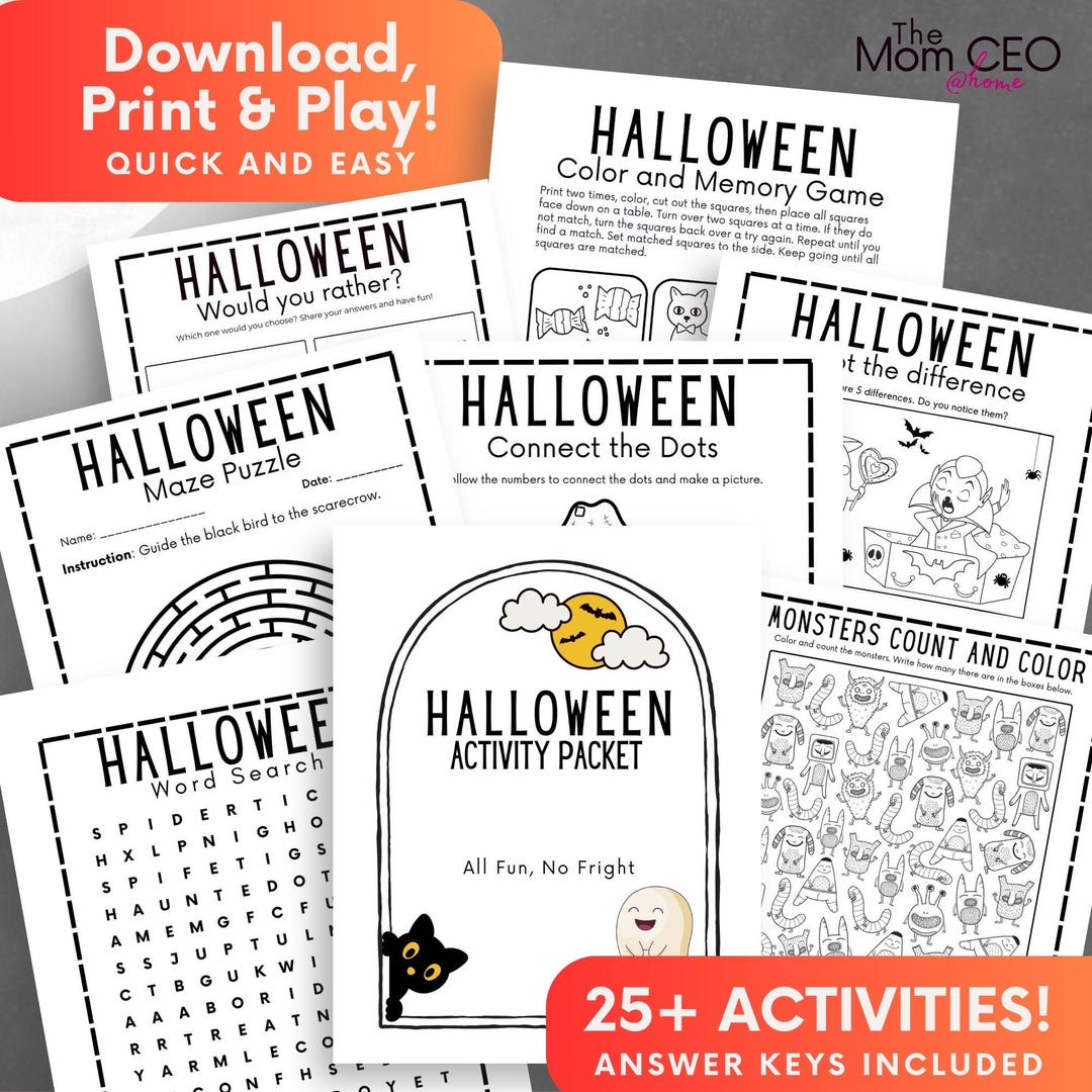 Printable Halloween Activity Packet PDF Maze, Word Search, Coloring 25 ...