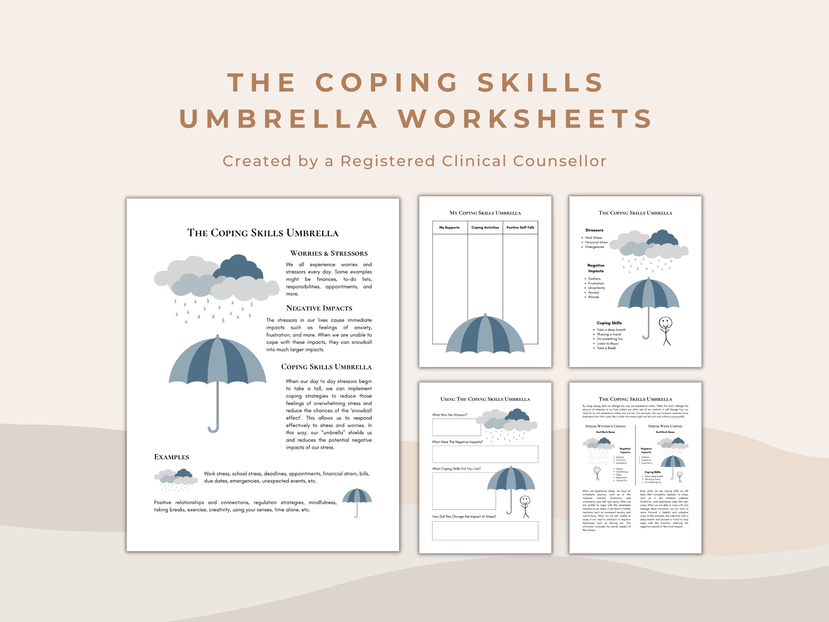 Coping Skills Umbrella Psychology Worksheets and Psychoeducation Prints ...