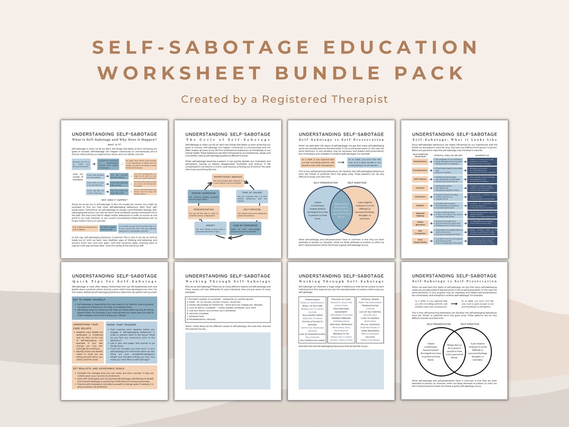 Self Sabotage Workbook: Psychoeducation Tools & Worksheets (digital ...