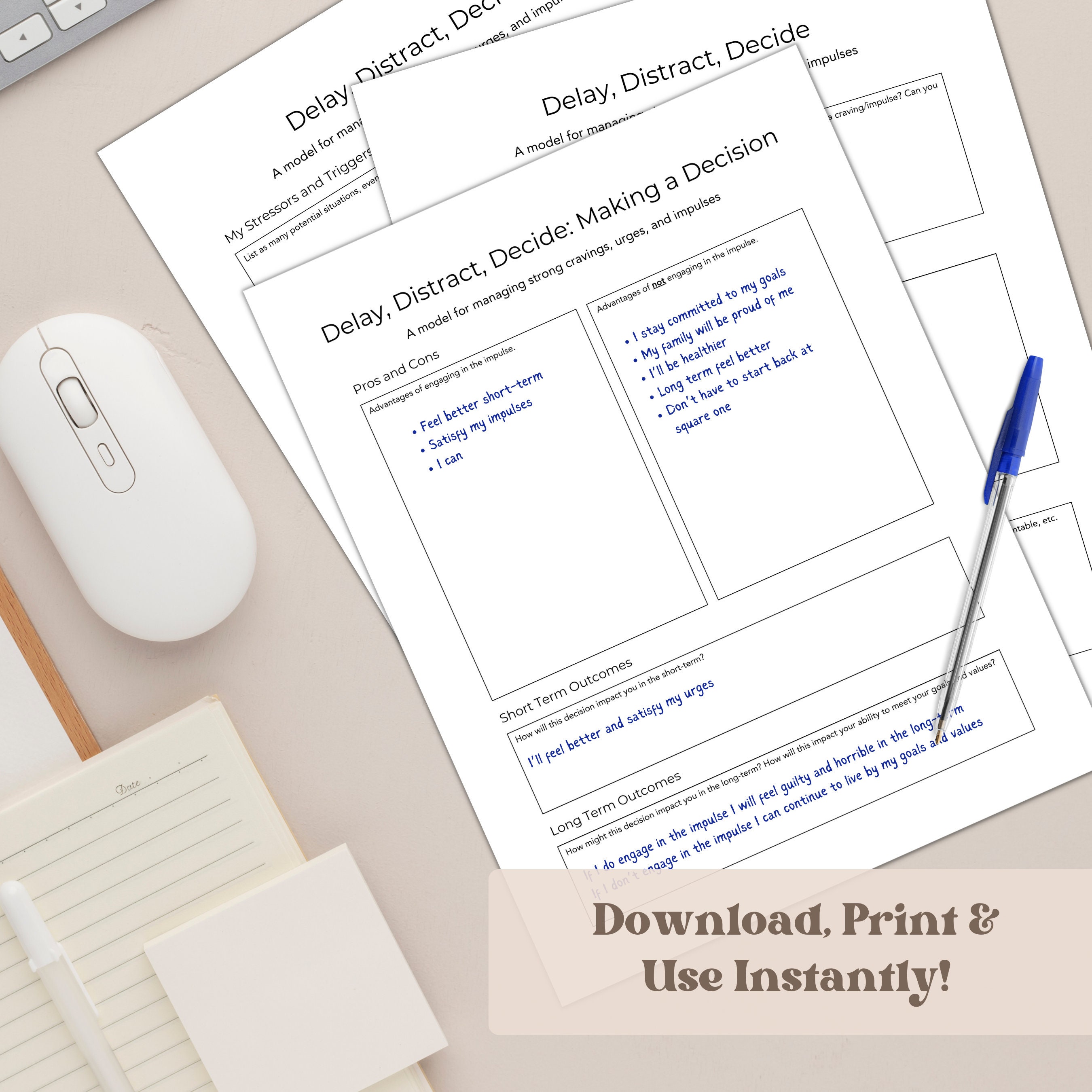 Impulse Control Tool: Delay, Distract, Decide DBT Worksheets (PDF) - Etsy