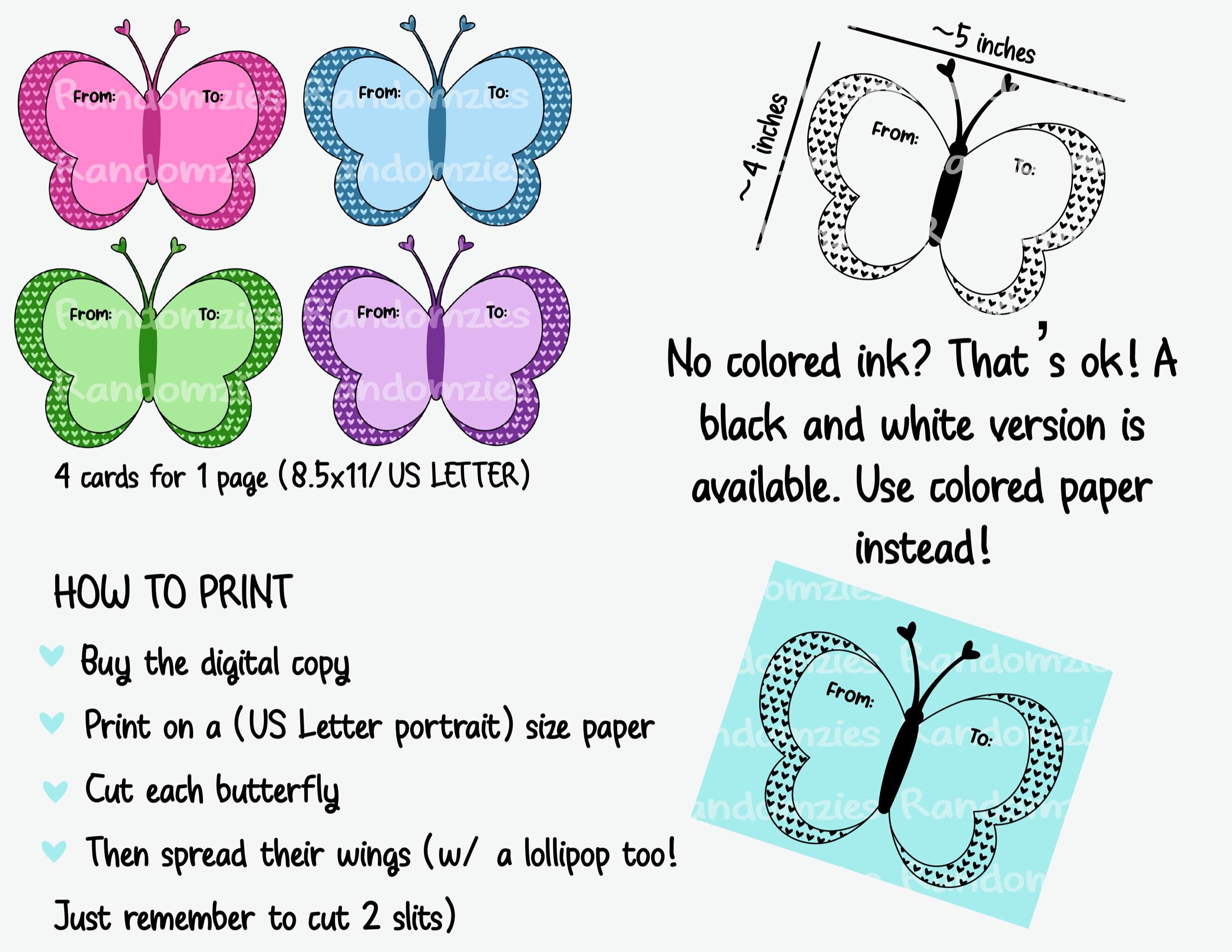 Butterfly Valentine's Day Cards / DIGITAL PRINT/ Gifts/ Class Gift ...
