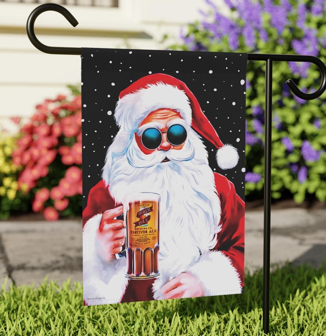 Santa Beer Cheer Christmas Yard Flag, Retro Santa Banner, Christmas ...