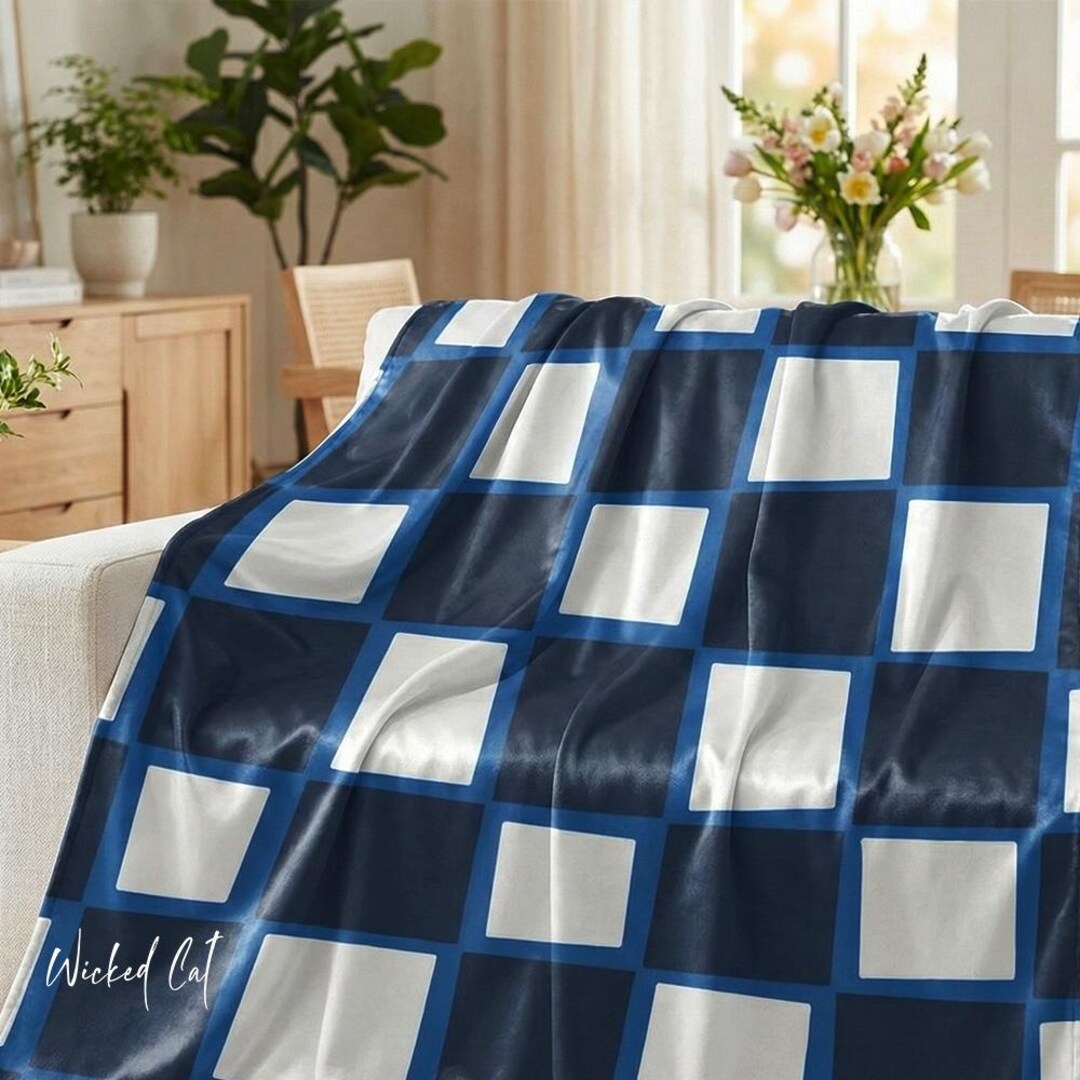 Whimsical Blue Checkered Sherpa Fleece Throw, Gifts for Home, Soft ...