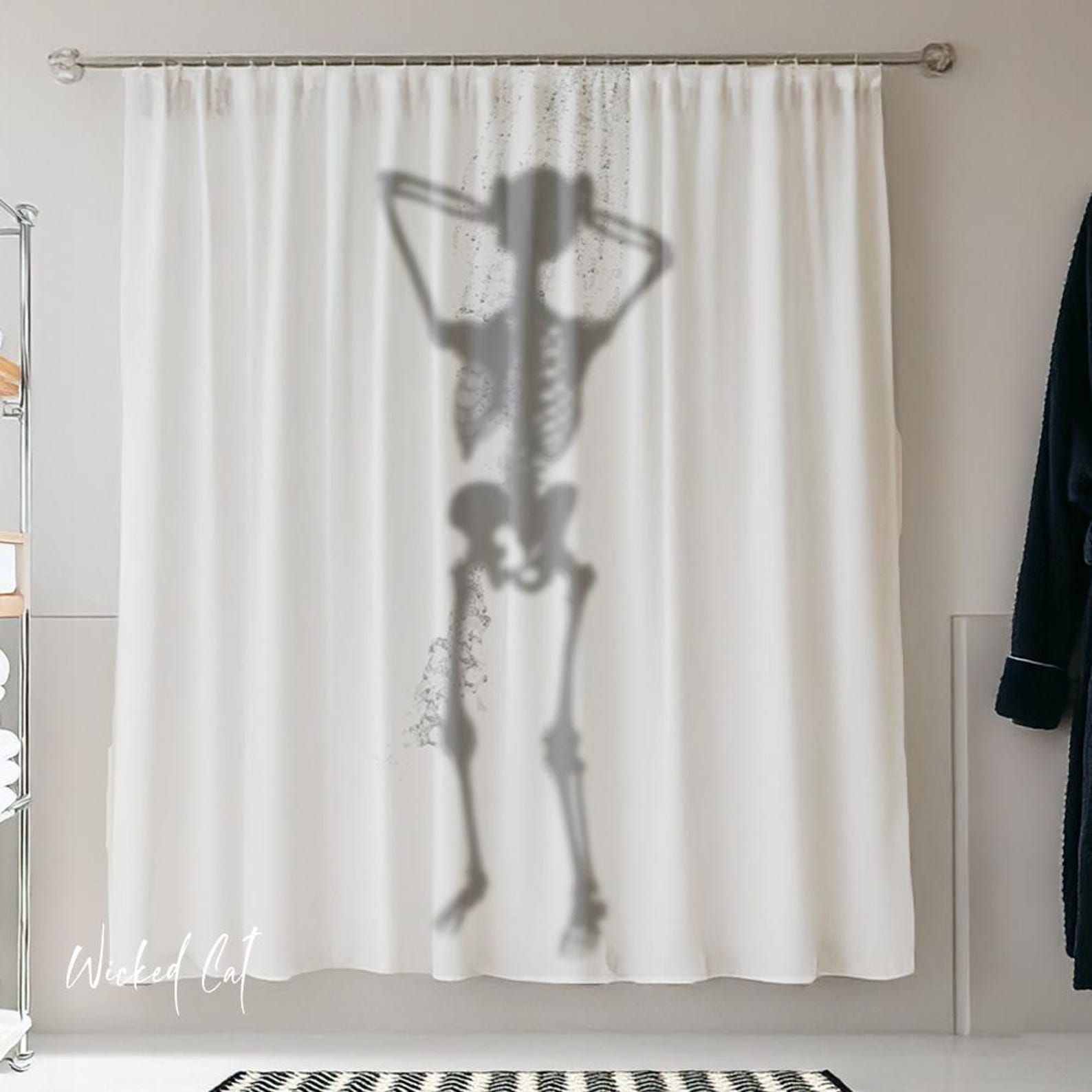 Funny Showering Skeleton Shower Curtain, Halloween Bathroom, Spooky ...