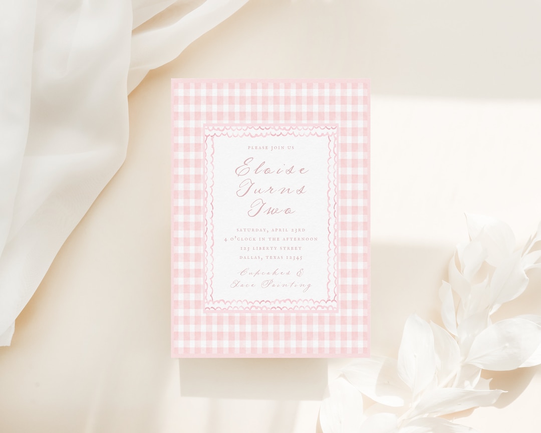 Pink Gingham Kids Birthday Party Invitation Template, Whimsical ...