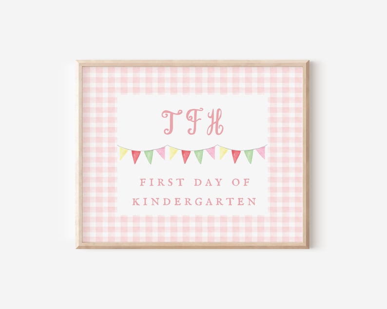 First Day of School Watercolor Pink Gingham Banner Sign Preppy Back to ...