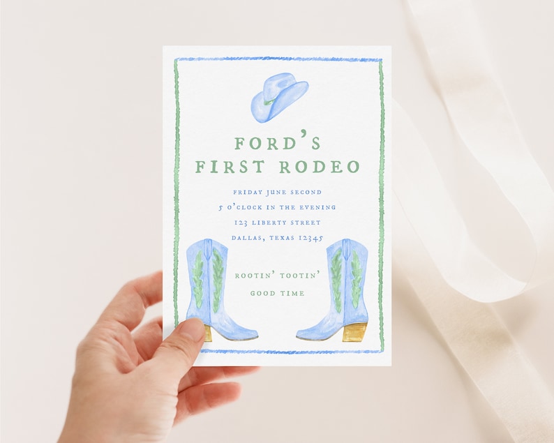 First Rodeo Cowboy Watercolor Birthday Invitation Printable, Western ...