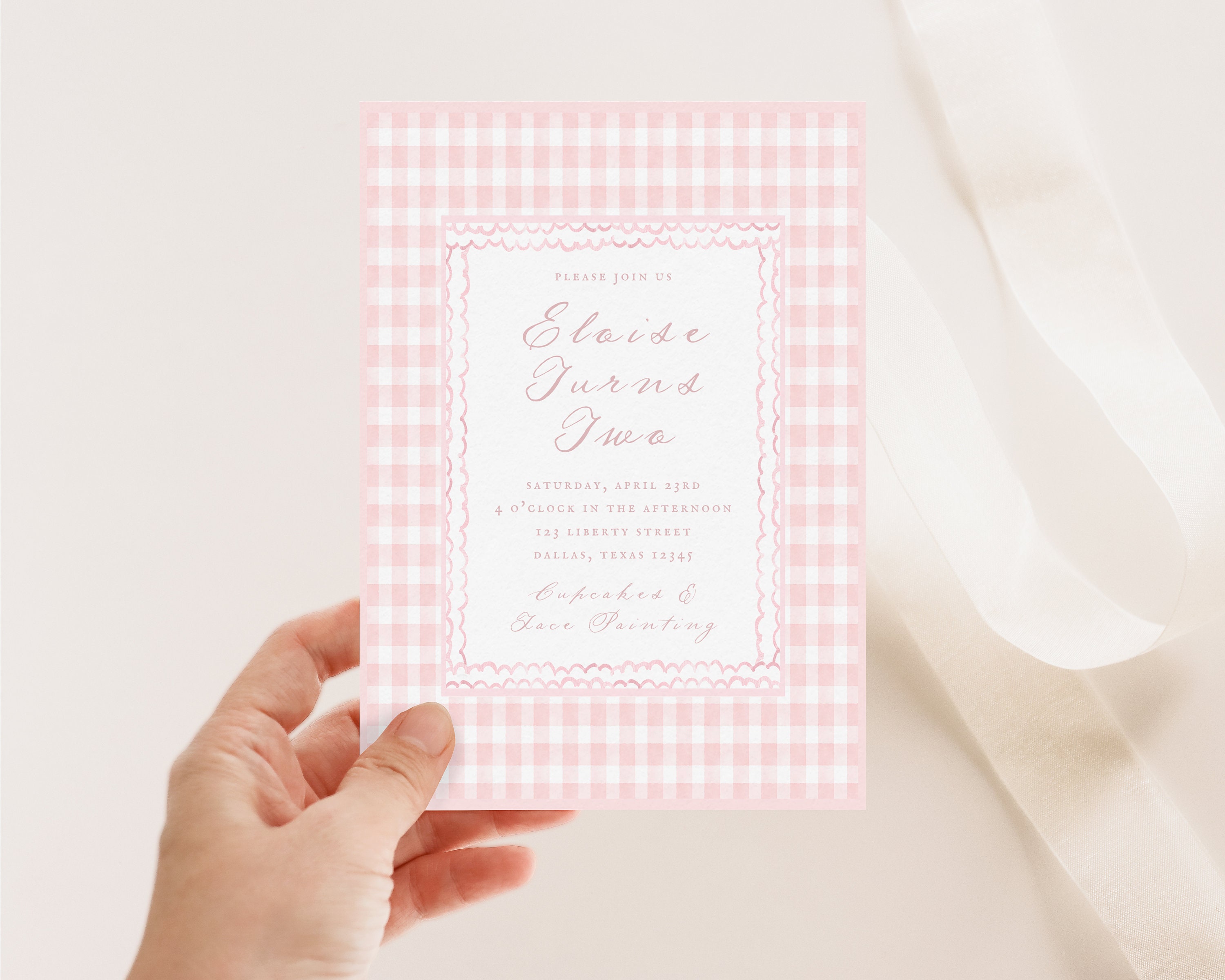 Pink Gingham Kids Birthday Party Invitation Template, Whimsical ...