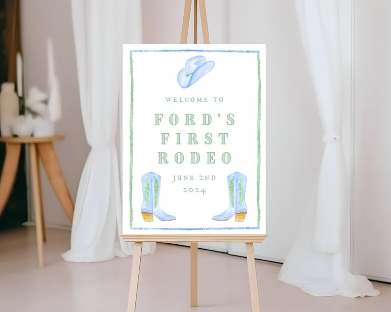 First Rodeo Welcome Sign, Watercolor Cowboy First Birthday, Boys ...