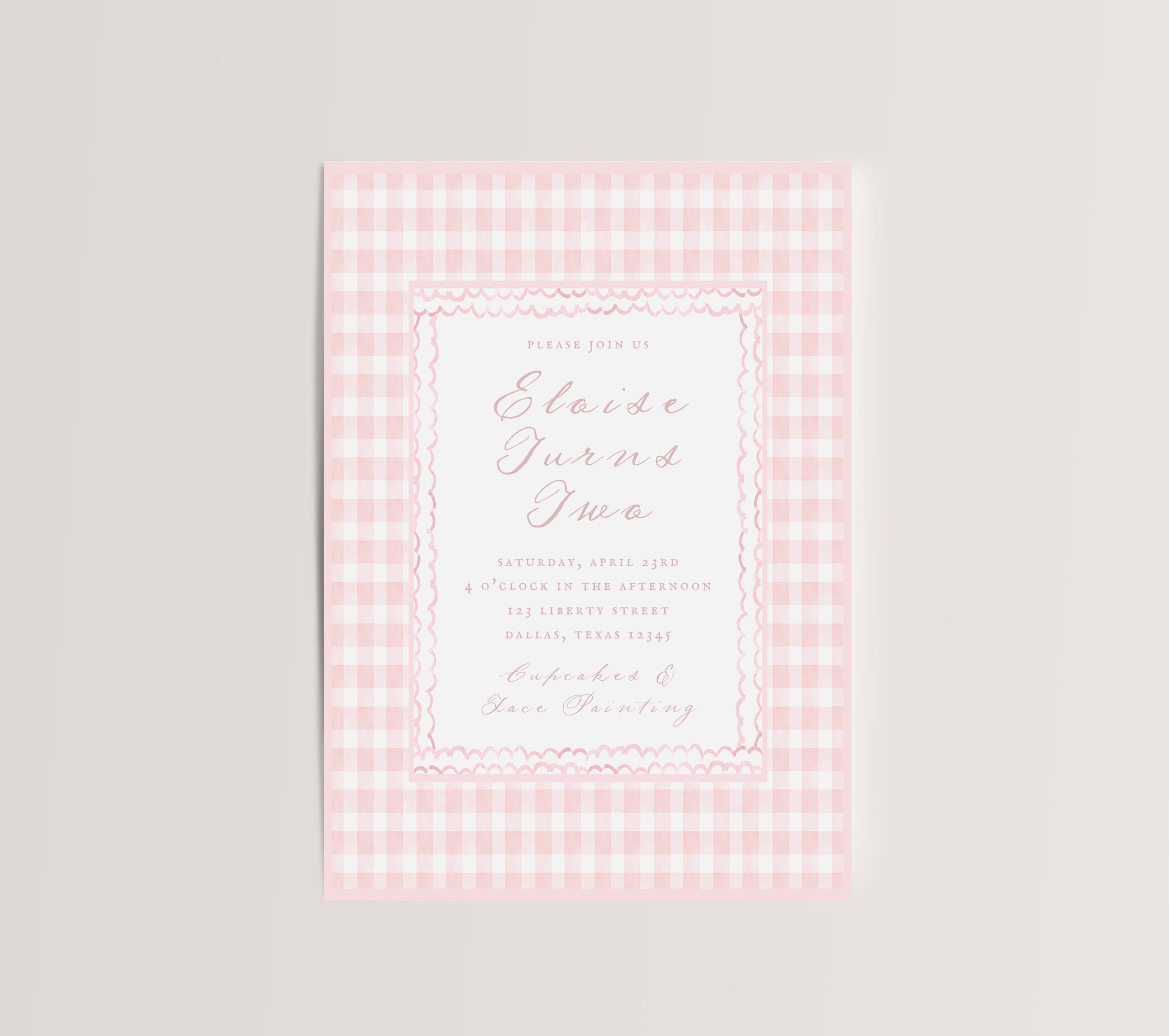 Pink Gingham Kids Birthday Party Invitation Template, Whimsical ...