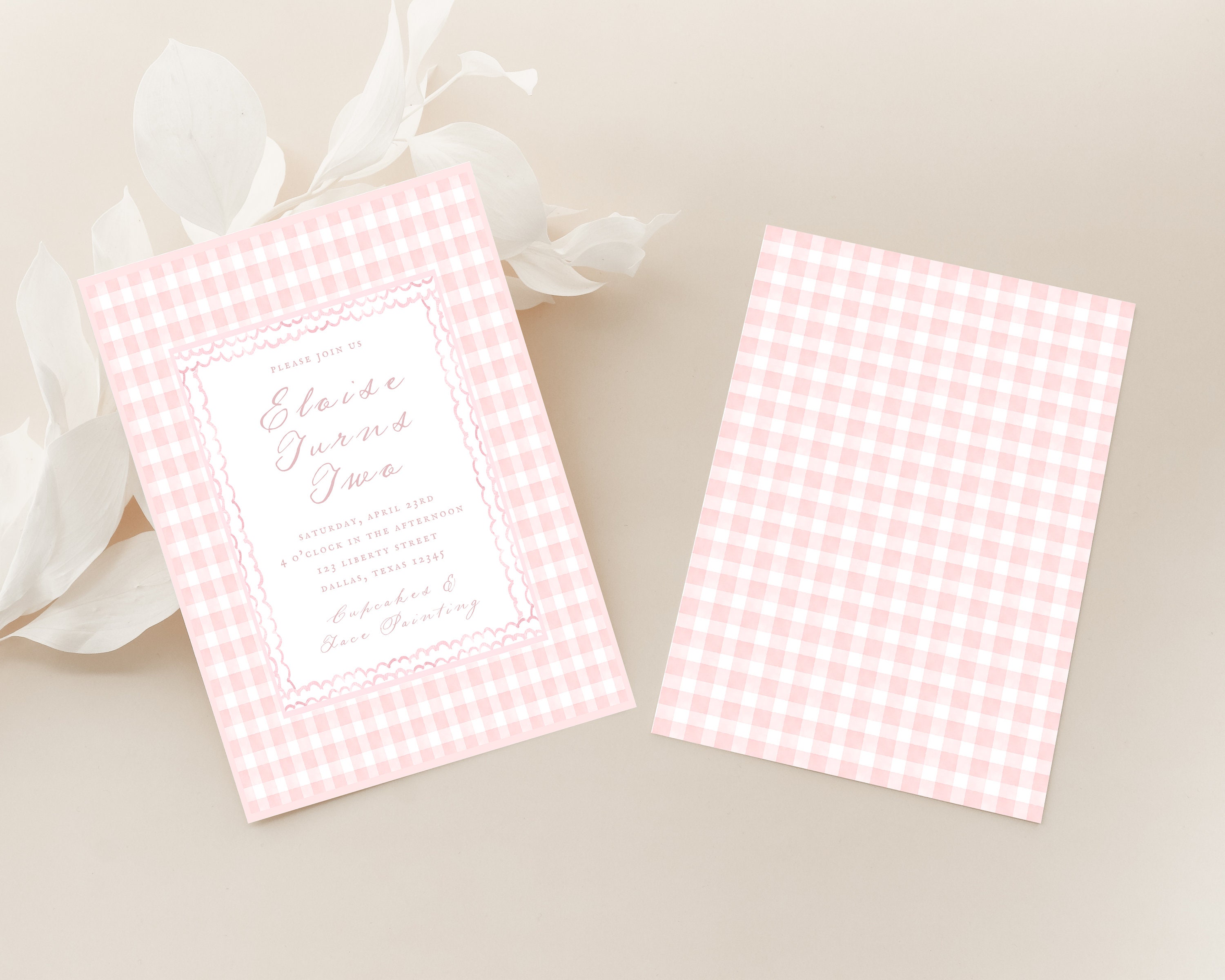 Pink Gingham Kids Birthday Party Invitation Template, Whimsical ...